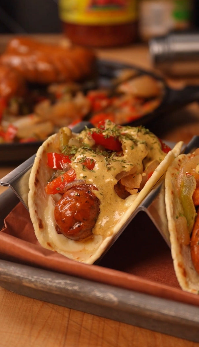 Sausage & Pepper Tacos with Creamy Pesto Sauce – Bear Mountain BBQ
